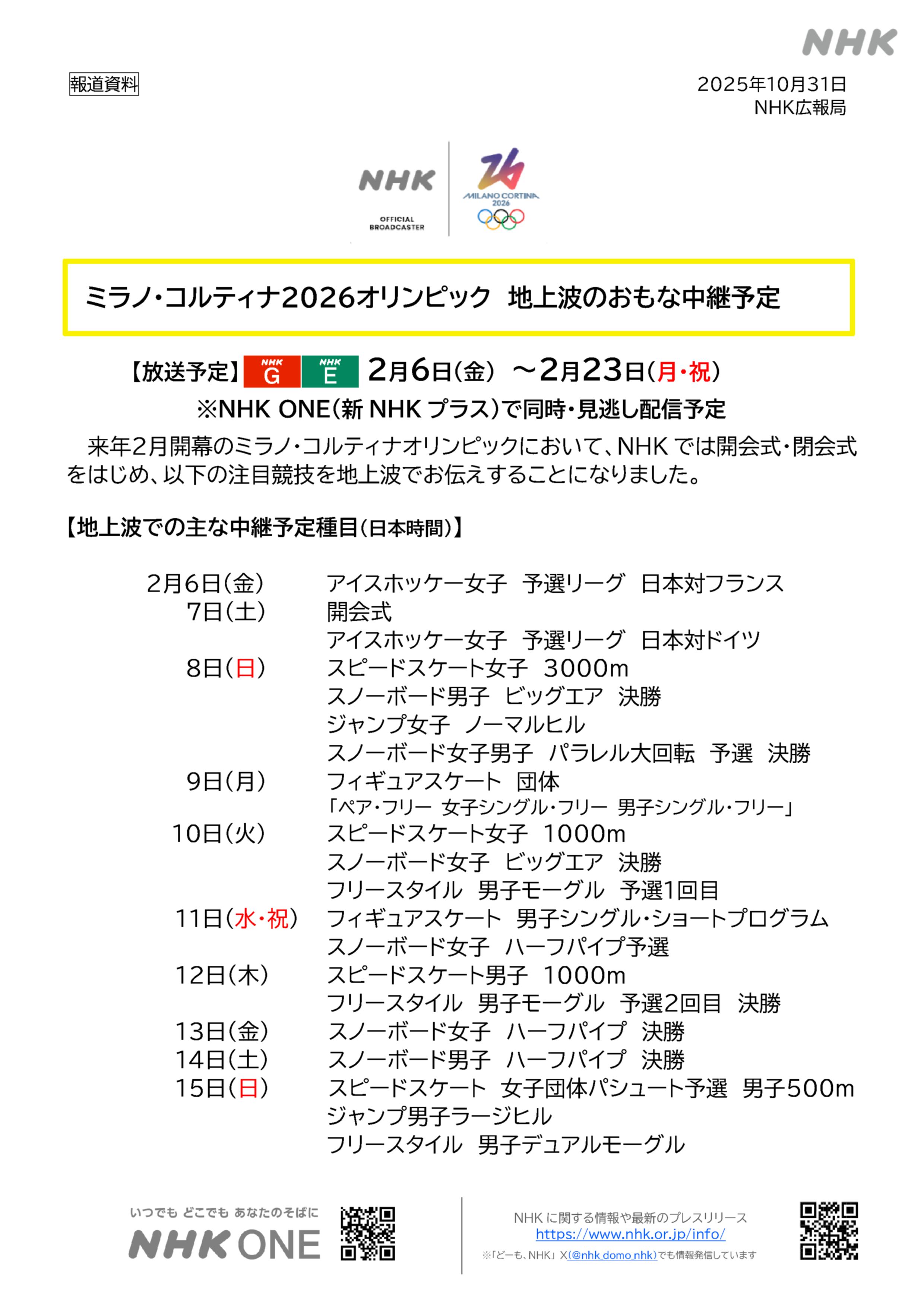 ミラノ・コルティナ2026オリンピック 地上波おもな中継予定 - NHK